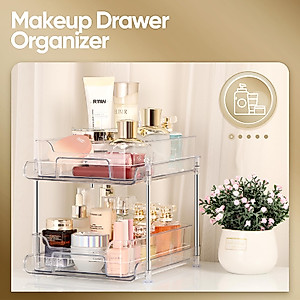 DAMEING Under Bathroom Sink Organizer, 2 Tier Clear Pull Out Storage Cabinet with Dividers, Multi-Purpose Organizer and Storage Bin for Home Medicine Snack Cosmetic