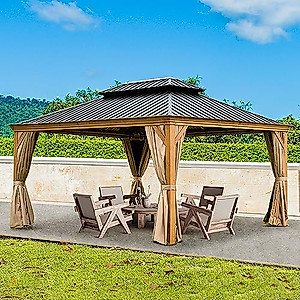 12’ x 16’ Hardtop Gazebo Outdoor Aluminum Wood Grain Gazebos with Galvanized Steel Double Canopy for Patios Deck Backyard,Curtains&Netting by domi outdoor living