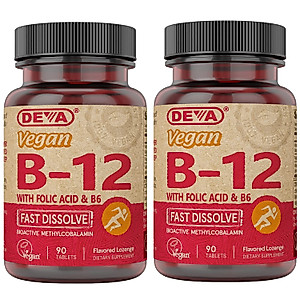 DEVA Vegan Vitamin B12 Fast Dissolve Supplement - Once-Per-Day Complex with 1000 Mcg Methylcobalamin B12, Folic Acid, B6 - Lemon Flavor - 90 Dissolvable Tablets, 2-Pack