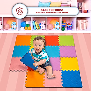 ToyVelt Foam Play Mat for Baby Kids Interlocking Foam Puzzle Floor Mats – EVA Non Toxic for Crawling, Exercise, Playroom, Play Area, Baby Nursery - 16 Tiles, Solid Colors