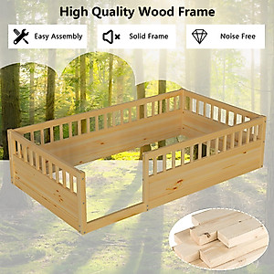 Bocarali Twin Size Montessori Floor Bed, Wood Floor Bed with High Fence, Twin Montessori Bed Frame for Kids Boys Girls, Natural, 78.5" L x 41.4" W x 19.6" H