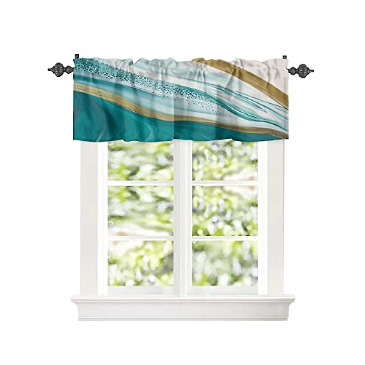 Abstract Curtain Valance for Window,Kitchen Rod Pocket Short Curtains Panel Turquoise White Gold Marble Texture Windows Treatment Drapes for Bathroom Living Room Decor 42x12In Stone Fluid Art