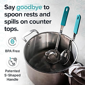 Souper Cubes + Lori Greiner No Mess Silicone Handle Stainless Steel Ladle and Serving Spoon Set - Kitchen Utensils for Cooking and Serving - Aqua Color - 2 Piece Set Spouted Ladle and Spoon