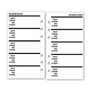 Personal size Password Keeper Planner Refill, Fits 6-Ring Binders - Filofax, LV MM, Kate Spade, 30 Sheets