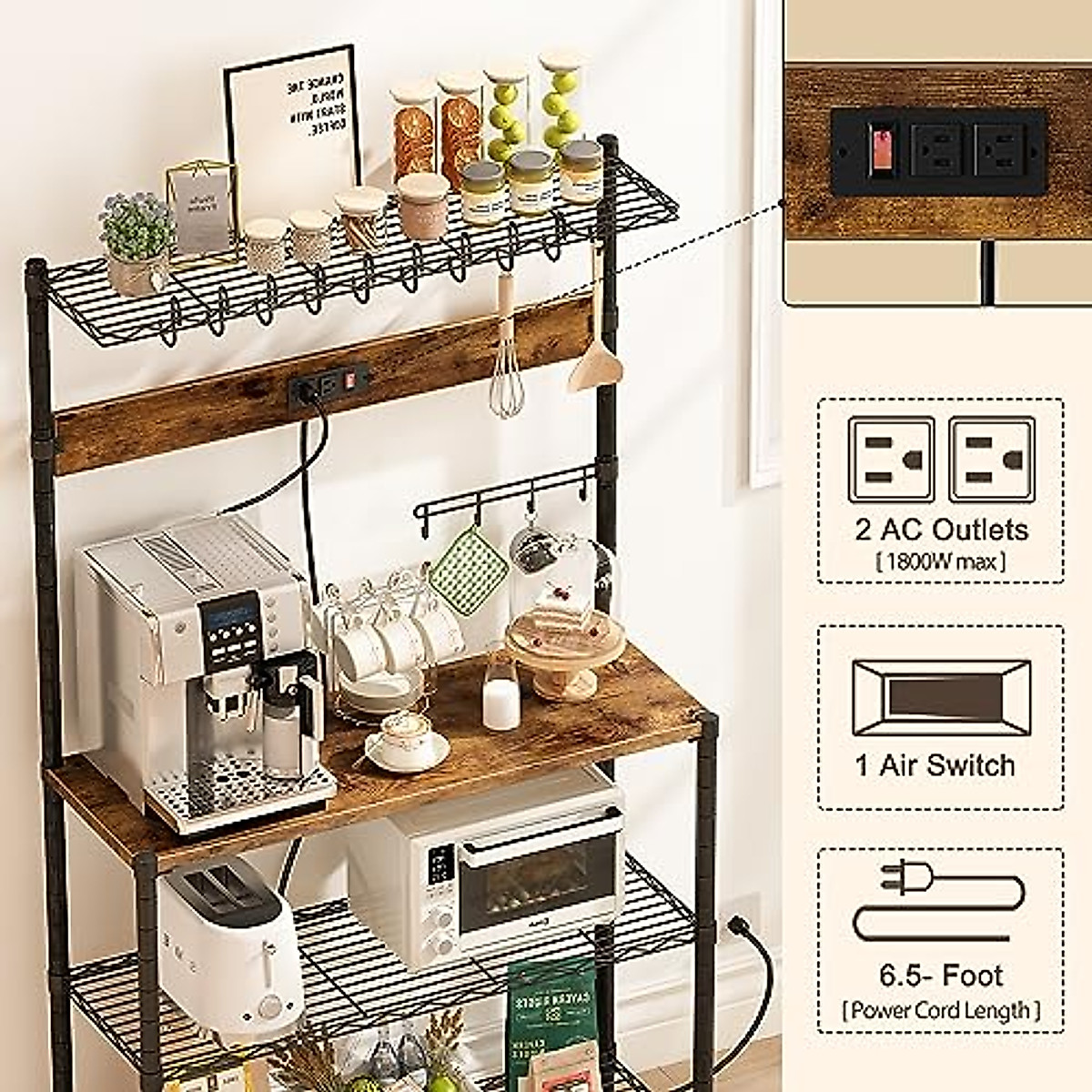 SUPERJARE Bakers Rack with Power Outlets - Height Adjustable Microwave Stand, 4-tier Kitchen Storage Rack with 10 S-shaped Hooks, 360° Hanging Strip, Coffee Bar Station - Rustic Brown