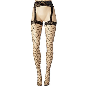 MUSIC LEGS Women's Lace Top Diamond Net Spandex Garterbelt Stockings, Black, One Size