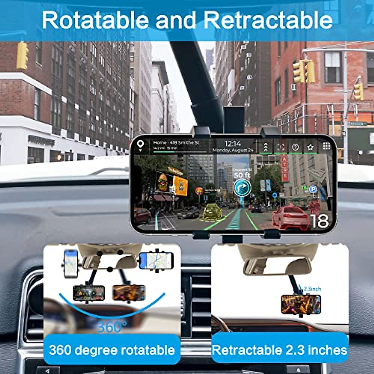 JDHDL Rear View Mirror Phone Holder, Rotatable and Retractable Car Phone Holder Mount Rearview Mirror Phone Holder for Car Compatible with All 4-7 Inch Cell Phones