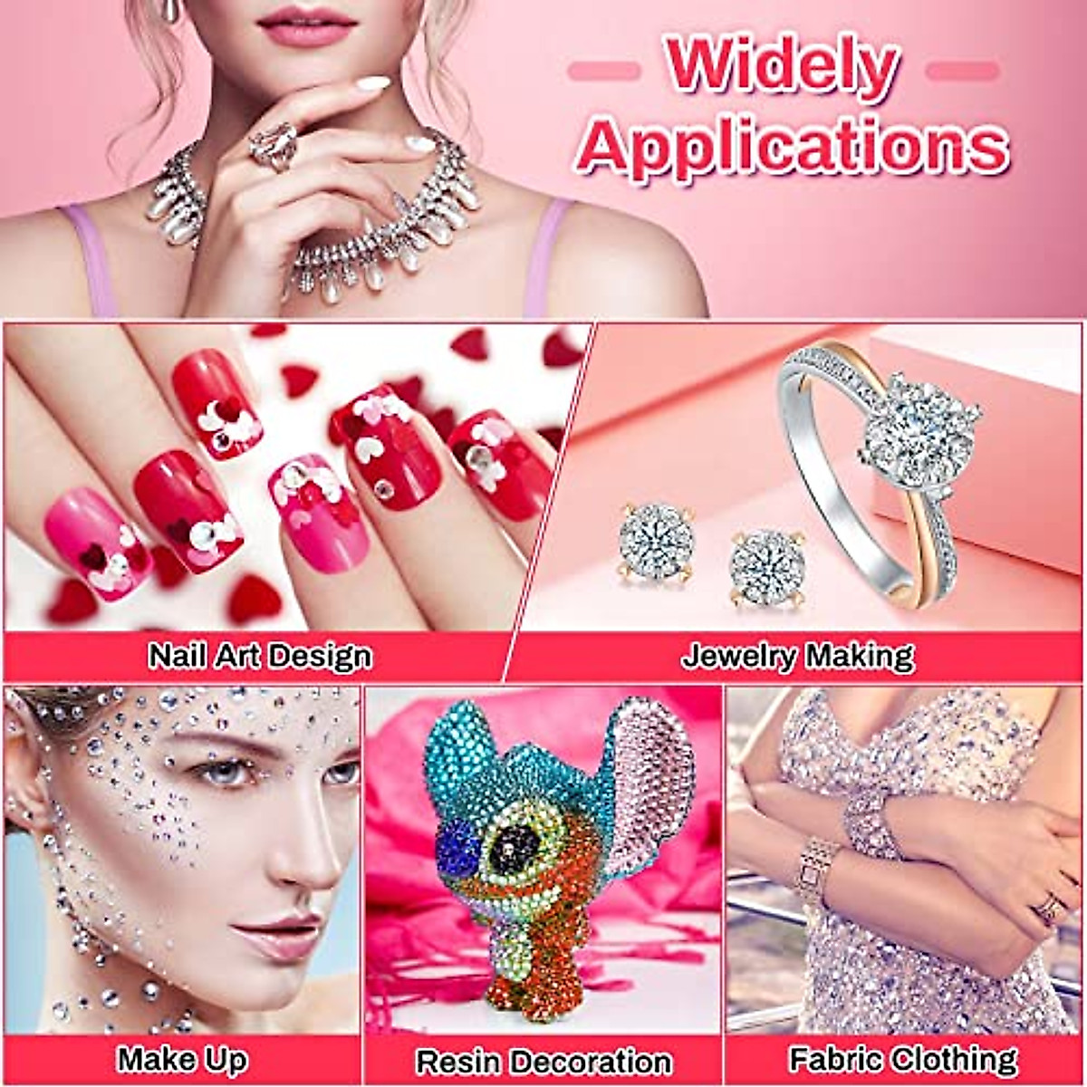 Rhinestones Adhesive Glue for Fabric, 2100Pcs 12 Color Craft Rhinestones Flatback with B7000 Glue Adhesive, Glass Gemstones with Tweezers for Craft, Jewelry, Makeup, Cloth Shoes and Nail Art