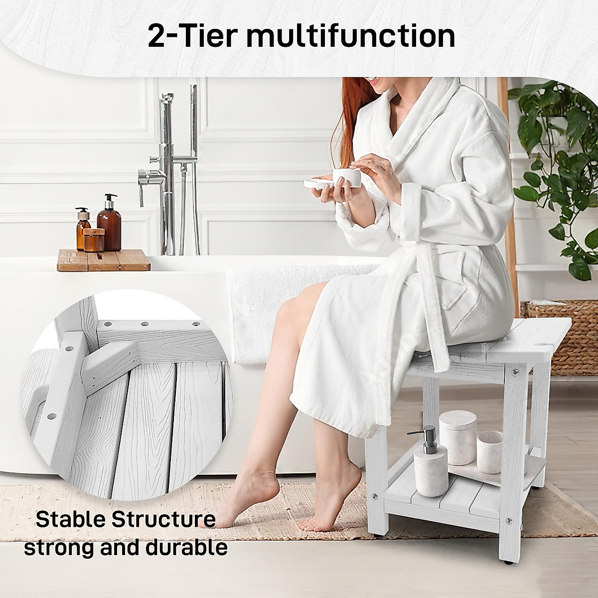 Juserox HDPS Shower Bench, Inside Shower Chair for Shaving Legs, Waterproof 2-Tier Bath Spa Shower Stool for Adults Sitting, Weather -Resistant No-Slip Indoor Outdoor Shower Seat, White