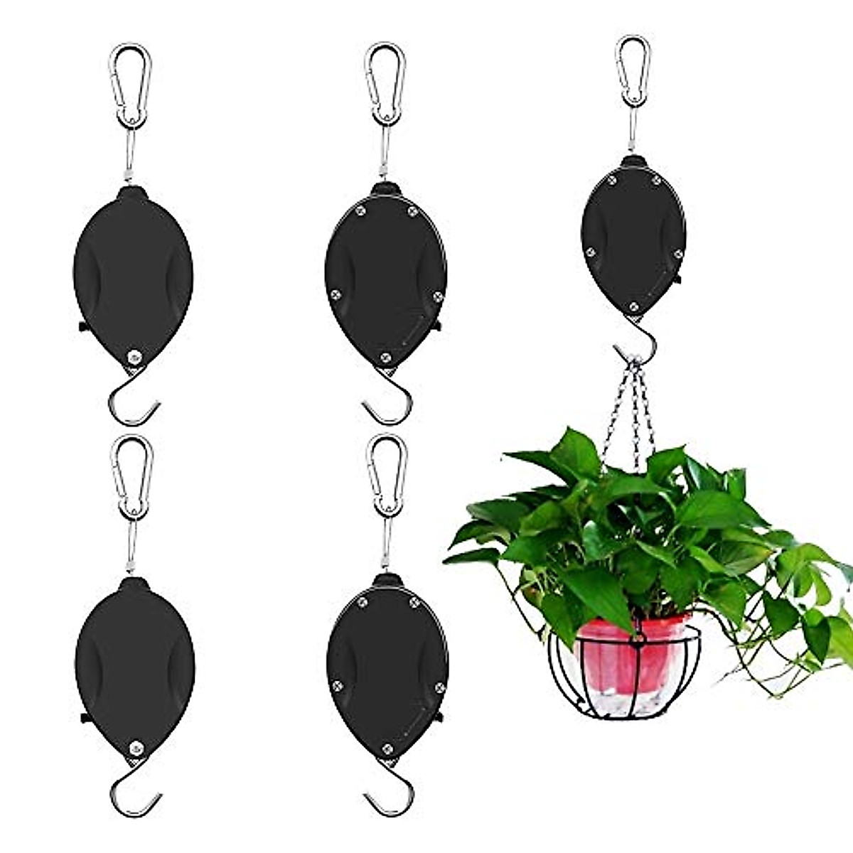 Retractable Plant Wire Pulley, Adjustable Plant Hanger Hook with Locking Mechanism for Hanging Plants, Garden Flower Baskets, Pots and Bird Feeders, Lower and Raise in Different Height, Black (4)
