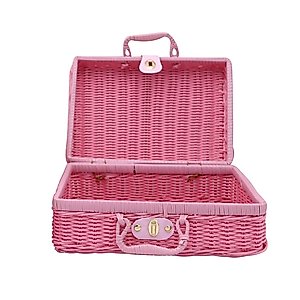 porfeet Vintage Rattan Woven Storage Case with Lock, Makeup Holder Suitcase Sundries Organizer Box with Handles, Rectangular Wicker Basket for Shelf Organize Light Pink M 1
