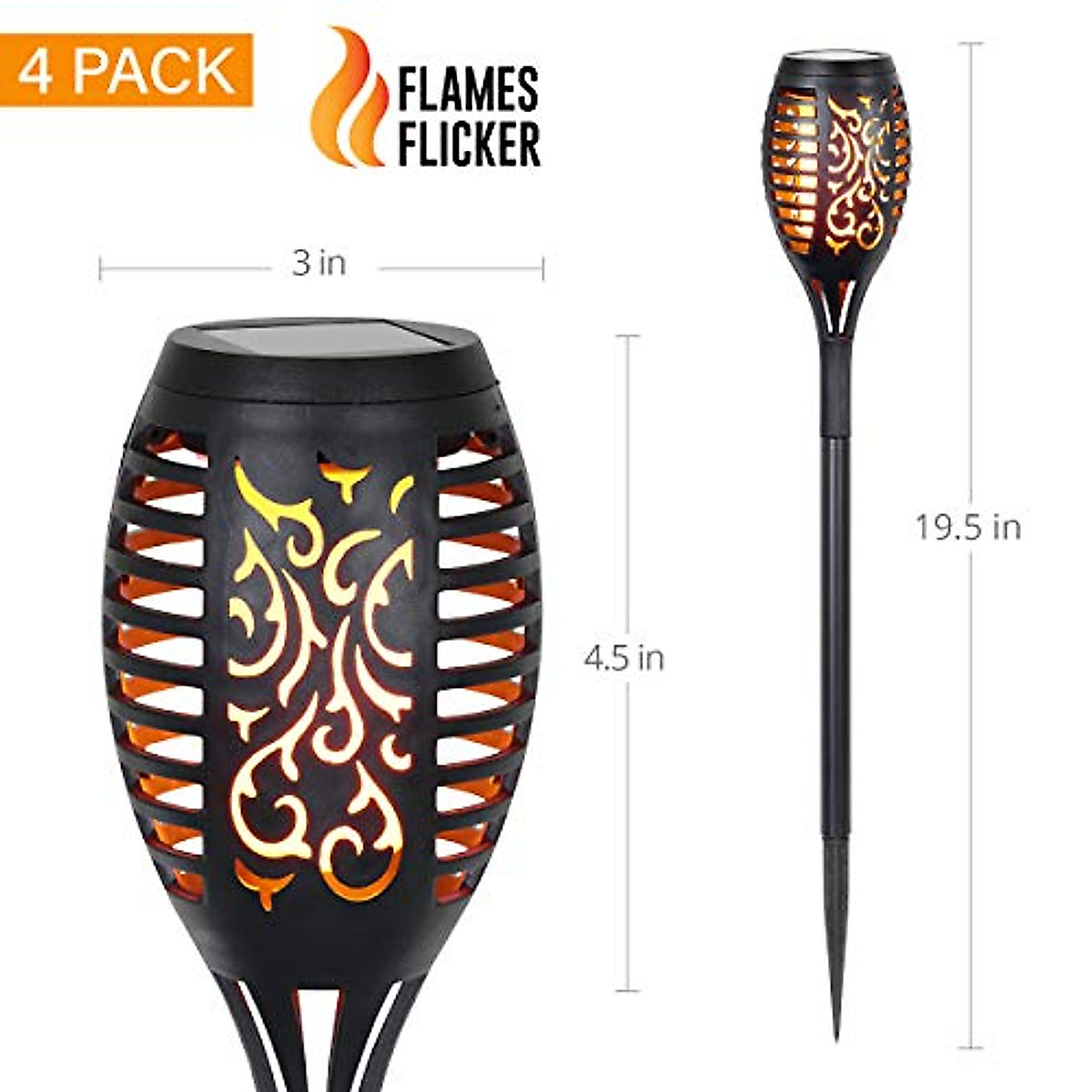 Exhart Garden Solar Lights, Set of 4 Flickering Flame Garden Stake Torches, LED Fire, Outdoor Garden and Yard Decoration, 3 x 20 Inch