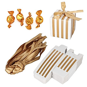 Restokki 50Pcs Mini Gift Boxes 2.2in Squared Gold Stripes Easy Assembly Gift Wrapping Box with Ribbons for Party Wedding Birthday Christmas Party