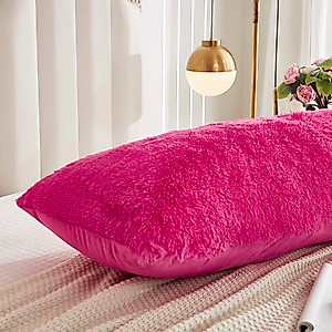 WERDIM Shaggy Fluffy Faux Fur Body Pillow Cover 21"x54" Button Closure Velvet Pillow Shams Throw Body Pillowcase Long Decorative Bed Pillow Case(Hot Pink, 21 X 54 Inches)