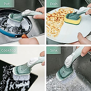 CQT Soap Dispensing Dish Brush, Dish Scrubber with Handle, Kitchen Washing Brush for Pot Pan Sink Cleaning, Packed with 1 Replaced Scouring Pad Head (Mint Green)