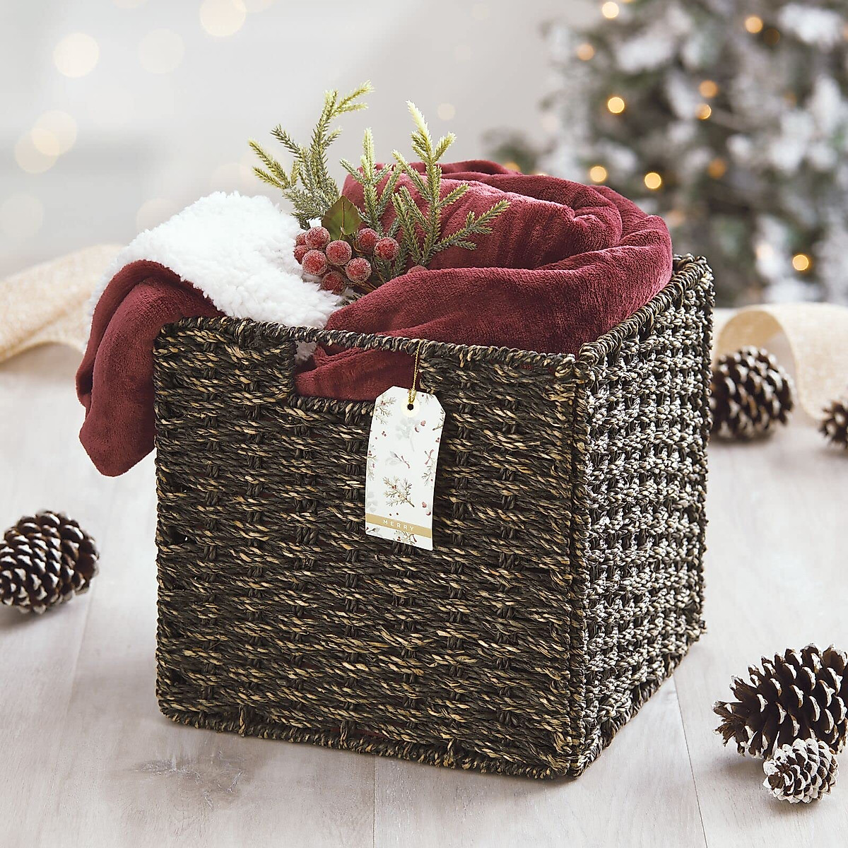 mDesign Seagrass Woven Cube Basket Organizer with Handles - Storage for Bedroom, Office, Living Room, Bathroom, Perfect for Cubby Storage Units - Hold Blankets, Magazines, Books - 4 Pack - Black Wash
