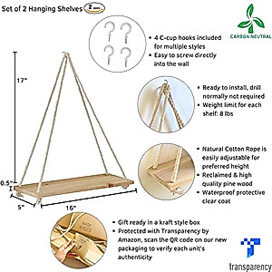 Hanging Shelves for Wall [Set of 2 w/ Hooks] Wooden Shelf Macrame Rope, Natural Light Reclaimed Wood, Boho Decor Triangle Floating Farmhouse Rustic Modern Plant Aesthetic, Dorm Living Room Bedroom