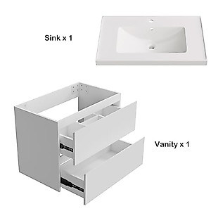 JPND 30" Bathroom Vanity with Sink Combo, Wall Mounted Vanity Base Cabinet with Single Hole Sink and Two Soft Close Drawers, Handle-Free Design, White (Faucet and Drain not Included)