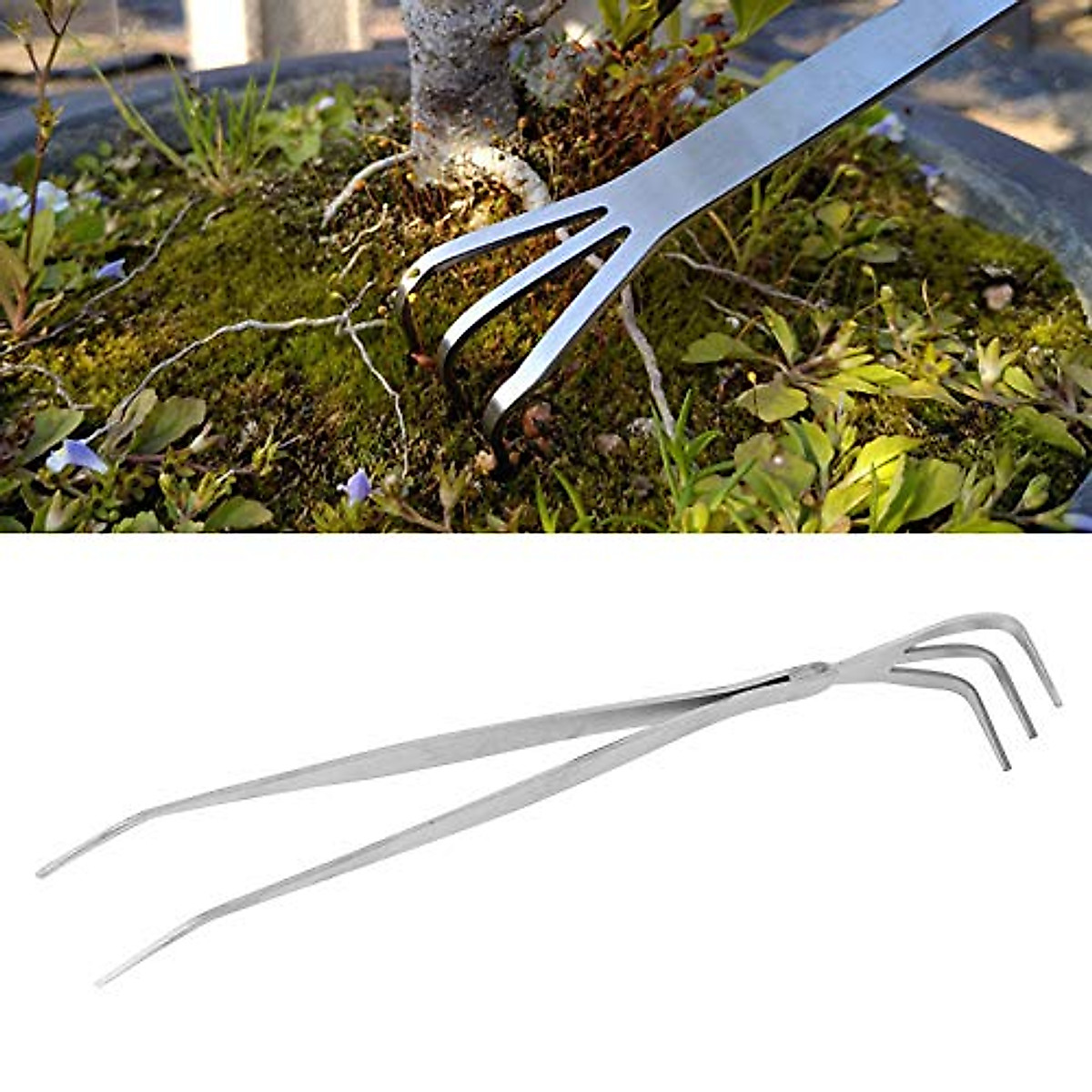 Root Rake with Tweezer, Bonsai Gardening Tools, 2-in-1 Stainless Steel Root Rake Bonsai Tweezers Soil Farming Tool with Ergonomical Handle