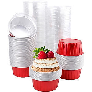 DEAYOU 100 Pack Aluminum Foil Ramekins with Lids, 5oz Muffin Cupcake Baking Liners Cups, 3" Round Disposable Recyclable Tart Pie Tin Pan Holder for Pudding, Party, Wedding, Oven Freezer Safe, Red