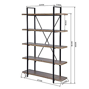 5-Tier Industrial Bookcase with Rustic Wood and Metal Frame, Large Open Bookshelf for Living Room