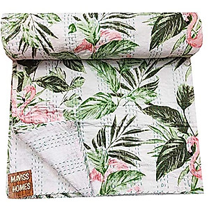 Maviss Homes Indian Traditional Handmade Patchwork Cotton Super Soft Kantha Quilt Blanket | Throw Bedspread Blanket | Bedroom Décor Throw Quilt |Home Décor; Green