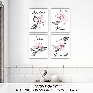 heilkee Pink Flower Wall Art Bathroom Grey Wall Decor Relax Soak Unwind Breathe Wall Pictures Bathroom Signs Set of 4(UNFRAMED 8x10in)