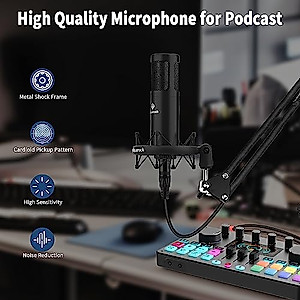 Podcast Equipment Bundle, Audio Interface All-In-One DJ Mixer with Studio Podcast Microphone Portable Battery-powered with Headphone