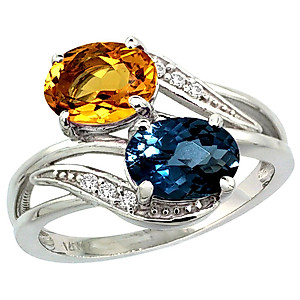 14K White Gold Diamond Natural London Blue Topaz & Citrine 2-stone Ring Oval 8x6mm, size 6.5