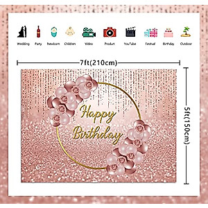 Rose Gold Happy Birthday Backdrop Pink Rose Gold Floral Balloon Rose Gold Bokeh Photography Background Women Sweet Princess Girl 16th 30th Birthday Party Dessert Cake Table Decor Props 7x5FT