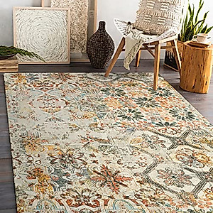 Lahome Boho Machine Washable Rugs - 5x7 Area Rugs for Living Room Non-Slip Throw Bedroom Rug Ultra-Thin Floral Print Dinning Room Rug Large Accent Distessed Floor Carpet for Entrance Kitchen Office