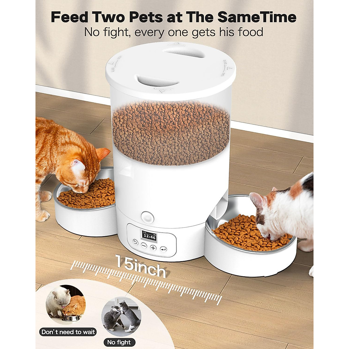 SURDY Automatic Cat Feeder for 2 Cats, 3L Cat Food Dispenser Auto Cat Feeder with 2 Stainless Bowls, 10s Meal Call Dual Power Supply and Timer Setting 12 Portions 6 Meals Per Day for Cats (White, 3L)