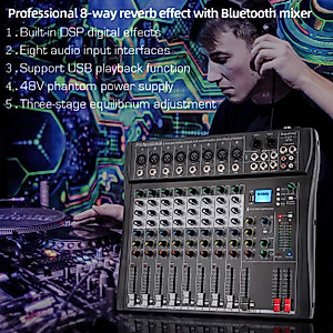 Depusheng DT8 Professional Mixer Sound Board Console 8 Channel Desk System Interface Digital USB Computer MP3 Input 48V Phantom Power Stereo DJ Studio FX Steel Chassis,Black