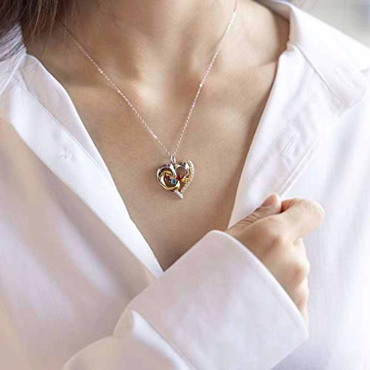 GLAMCARAT 18k gold over Silver Birthstone Heart Shaped engraved necklace with 4 Birthstones, Engraved Names personalized women jewelry engraved child names mothers necklace sister grandma