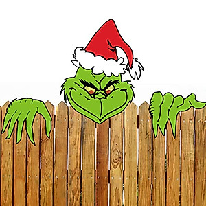 AMZFAVOR Christmas Decorations Outdoor - Fence Yard Sign with Hand Head for Holiday Christmas Fence Peeker Decorations