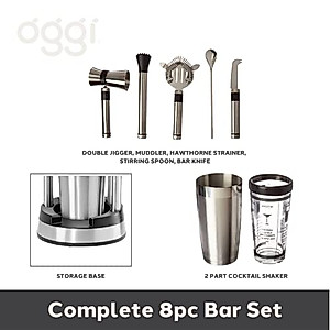 OGGI Compact Stainless Steel 8-Piece Bar Tool Set- Bartender Kit w/Stand, Stainless Steel Cocktail Set, Ideal Bar Accessories, Barware Set is Perfect for Bar Cart or Home Bar