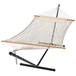 SUNCREAT Double Outdoor Hammock with Stand Included, Portable Cotton Rope 2 Person Hammock for Outdoor, Patio, Garden, Backyard, Beige