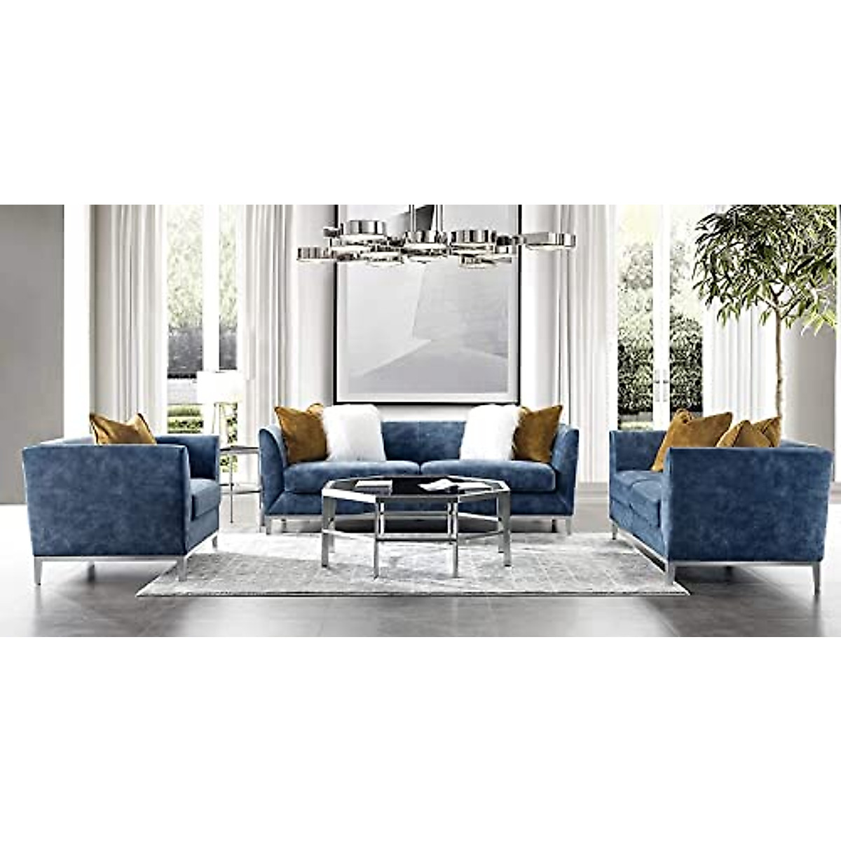 Acanva Luxury Mid-Century Modern Velvet Living Room Sofa, Loveseat, Navy Blue