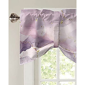 Tie Up Valance for Kitchen Windows, Abstract Marble Agate Texture Tie-up Curtain Shade Valances 42"x12" Rod Pocket Short Curtains Window Treatment for Living Room Pastel Theme Pink Purple White Gold