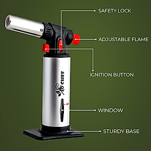 Jo Chef Kitchen Torch, Blow Torch - Refillable Butane Torch With Safety Lock & Adjustable Flame & Fuel gauge - Culinary Torch, Creme Brulee Torch For Cooking Food, Baking, BBQ + FREE Recipe eBook
