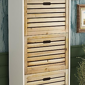 FAMAPY Tall Shoe Storage Cabinet with 4 Flip Drawers, Narrow Shoe Cabinet for Entryway, Shoe Storage for Hallway Light Brown and White (21.7”W x 9.8”D x 61”H)