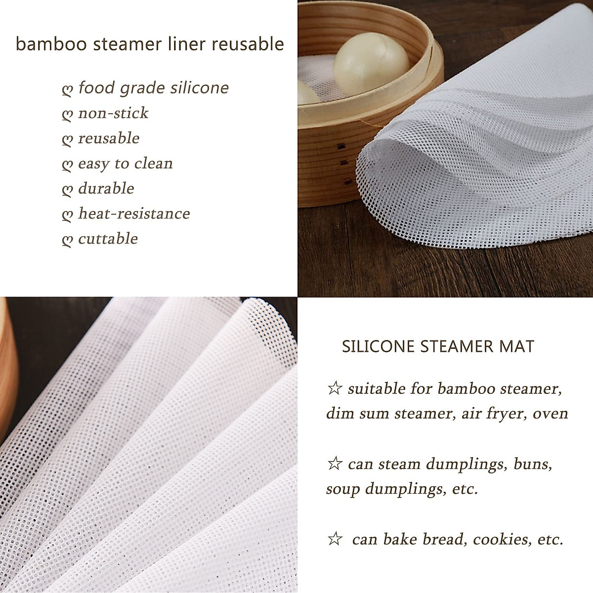 Inchant 5pcs Round Silicone Steamer Mats Non-stick Silicone Dumplings Buns Baking Pastry Dim Sum Mat for Bamboo Steamer