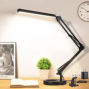 TROPICALTREE LED Desk Lamp with Clamp and Round Base,Eye Caring Table Lamp with Swing Arm,3 Color Modes 10 Brightness Levels,Memory Function, Desk Light for Home Office with USB Adapter Black-14W