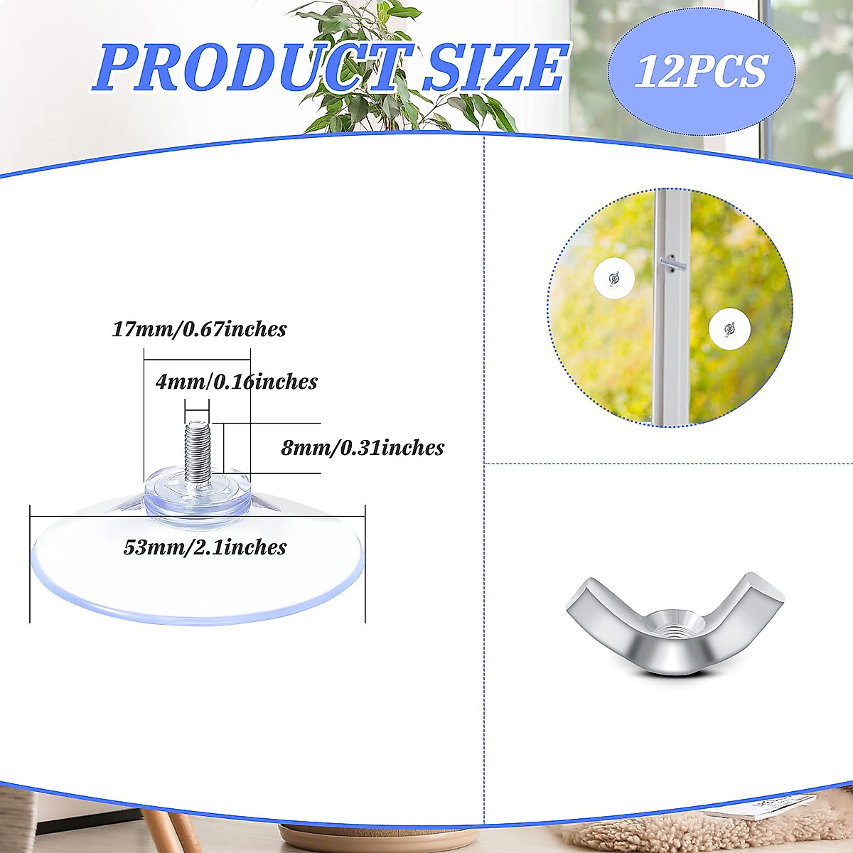 Quzzil Suction Cups with Screws 4 mm Thread Transparent PVC Suction Cup with Screw Hook 2 Inch Diameter Butterfly Wing Nut Clear Sucker Suction Cup with Cap for Kitchens Offices Bathroom (12 Sets)