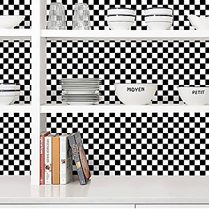 Qianglive Black and White Contact Paper Mosaic Checkered Peel and Stick Wallpaper 17.3"x120" Lattice Self Adhesive Waterproof Vinyl Roll for Bathroom Kitchen Backsplash Cabinets Shelf Liners Drawers