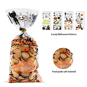 ONFAON Halloween Cellophane Treat Bags, 180pcs Halloween Trick or Treat Goody Gags with 200pcs Twists for Snacks Cookies Packing, Halloween Goodie Bags Party Supplies (180pcs)