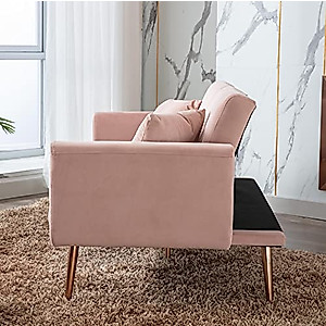 HBHM Velvet Accent Sofa, Loveseat Mid Century Modern Velvet Fabric Couch, Convertible Futon Sofa Bed, Recliner Couch Accent Sofa Loveseat Sofa with Gold Metal Feet,Pink