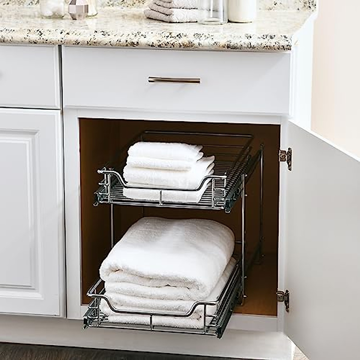 Household Essentials Glidez Slide Out Cabinet Organizer, 14.5” Wide, Durable Chrome-Plated Steel Frame, Dual Baskets and Smooth Glides, Heavy-Duty and Space-Optimizing, Simple Assembly and Installation, Chrome