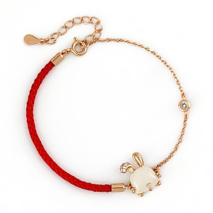 TEMICO 925 Sterling Silver Rabbit Charm Bracelet for Women Adjustable Red String Rope Bracelets Chinese Lunar New Year Birthday Jewelry Gift (Rose Gold-Tone)