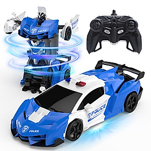 DEERC Transform Remote Control Car,2.4GHz Robot RC Cars,1:18 Scale Police Car Toy One-Button Deformation & 360° Rotating Drifting for Kids Boys Age 4-7 8-12 Birthday Xmas Gift